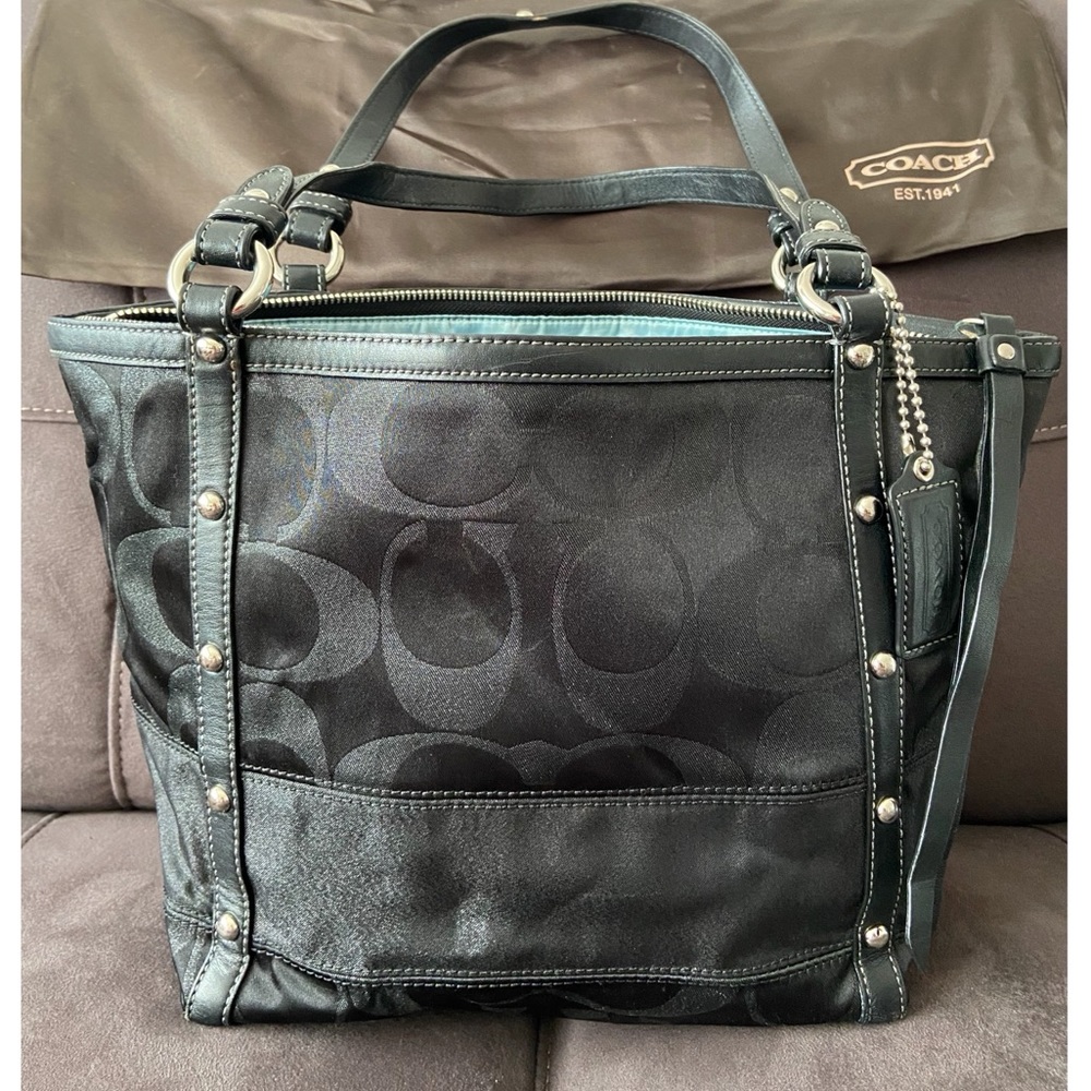 Coach Signature Logo Black Coated Tote Blue Inside - Gem